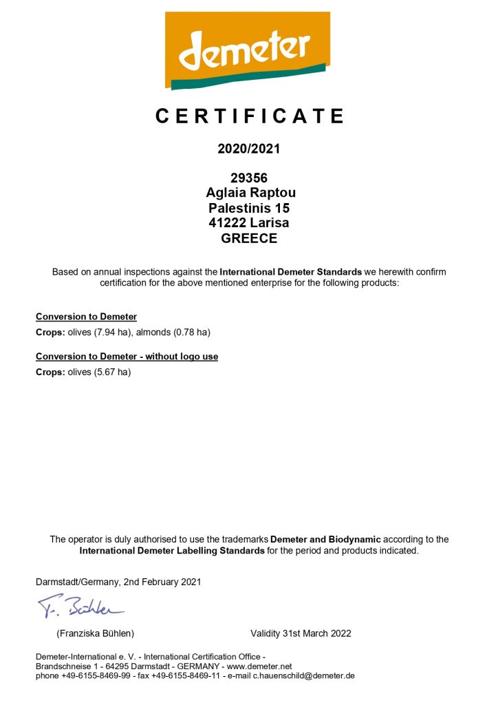 Certified extra Virgin Οlive Οil (demeter certification) in a 500 ml ...